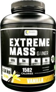 extreme mass vanilla10 lbs (4.54 kg) from sunshine biopharma, mass gainer protein mix giving the high calorie, whey, bcaa, creatine, glutamine, vitamins, minerals. improved formulation, less sugar