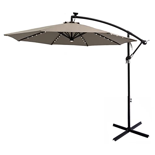 Helios&Hestia 10 ft Solar Powered Offset Cantilever Patio Umbrella Outdoor with LED Lights and Cross Base, Taupe