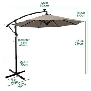 Helios&Hestia 10 ft Solar Powered Offset Cantilever Patio Umbrella Outdoor with LED Lights and Cross Base, Taupe