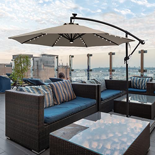 Helios&Hestia 10 ft Solar Powered Offset Cantilever Patio Umbrella Outdoor with LED Lights and Cross Base, Taupe