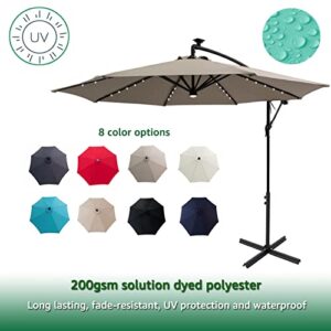 Helios&Hestia 10 ft Solar Powered Offset Cantilever Patio Umbrella Outdoor with LED Lights and Cross Base, Taupe