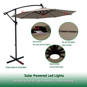 Helios&Hestia 10 ft Solar Powered Offset Cantilever Patio Umbrella Outdoor with LED Lights and Cross Base, Taupe