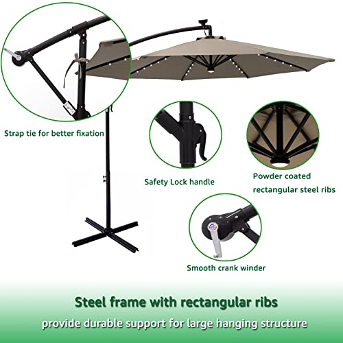 Helios&Hestia 10 ft Solar Powered Offset Cantilever Patio Umbrella Outdoor with LED Lights and Cross Base, Taupe