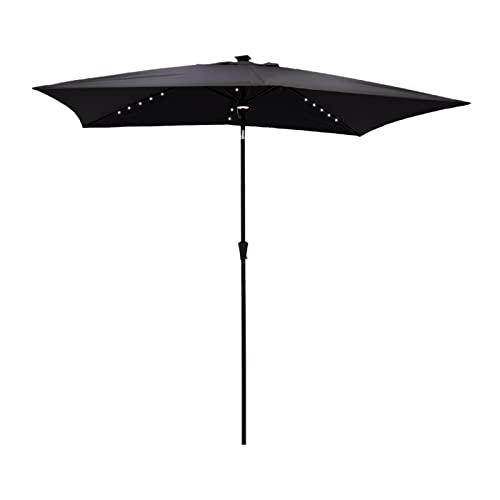 FLAME&SHADE 6.5 x 10 ft Rectangular Solar Powered Outdoor Market Patio Table Umbrella with LED Lights and Tilt, Black