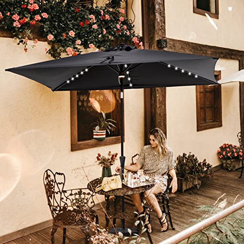 FLAME&SHADE 6.5 x 10 ft Rectangular Solar Powered Outdoor Market Patio Table Umbrella with LED Lights and Tilt, Black