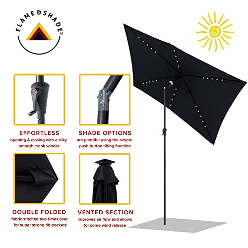 FLAME&SHADE 6.5 x 10 ft Rectangular Solar Powered Outdoor Market Patio Table Umbrella with LED Lights and Tilt, Black