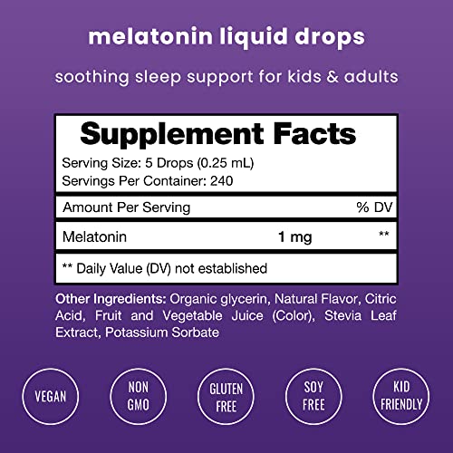 Liquid Melatonin Drops | Melatonin for Kids & Adults | Sugar Free Kids Melatonin Liquid Sleep Aid Supplement | Vegan & Non-GMO | Natural Berry Flavor | Melatonin 1 mg Drops | 180 Servings (2 Pack)