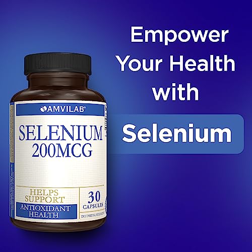 Amvilab Selenium 200, Selenium 200mcg | Healthy Immune, Thyroid Function, Antioxidant Support | High Absorption Formula | Vegan & Non-GMO | 30ct