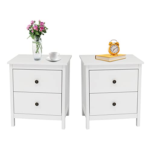 Kinsuite Nightstand for Bedrooms W/ 2 Drawers, Side Table Large Storage Space, Side Storage Cabinet Wooden End Table Accent Table Solid Wood Legs (White, 2 Pcs)