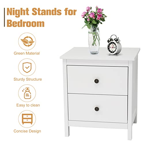 Kinsuite Nightstand for Bedrooms W/ 2 Drawers, Side Table Large Storage Space, Side Storage Cabinet Wooden End Table Accent Table Solid Wood Legs (White, 2 Pcs)