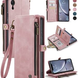 Defencase iPhone XR Wallet Case with Card Holder, Durable PU Leather Flip Magnetic Strap Zipper Phone Case for Women Men, Rose Pink