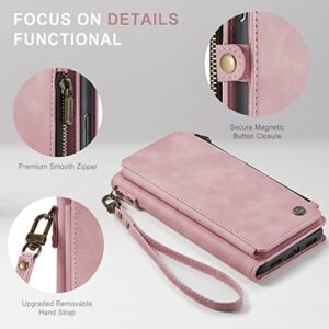 Defencase iPhone XR Wallet Case with Card Holder, Durable PU Leather Flip Magnetic Strap Zipper Phone Case for Women Men, Rose Pink