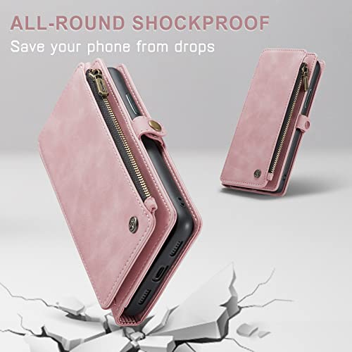 Defencase iPhone XR Wallet Case with Card Holder, Durable PU Leather Flip Magnetic Strap Zipper Phone Case for Women Men, Rose Pink