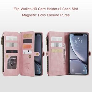 Defencase iPhone XR Wallet Case with Card Holder, Durable PU Leather Flip Magnetic Strap Zipper Phone Case for Women Men, Rose Pink