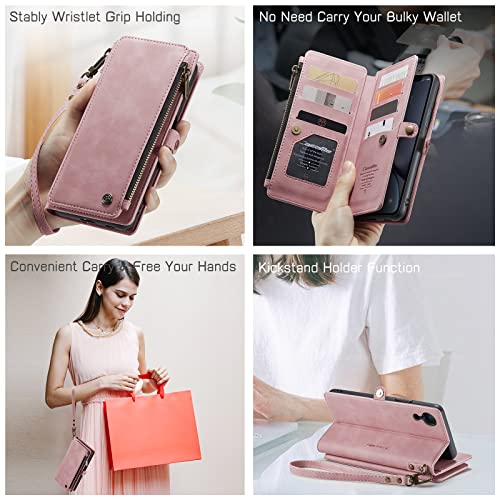 Defencase iPhone XR Wallet Case with Card Holder, Durable PU Leather Flip Magnetic Strap Zipper Phone Case for Women Men, Rose Pink