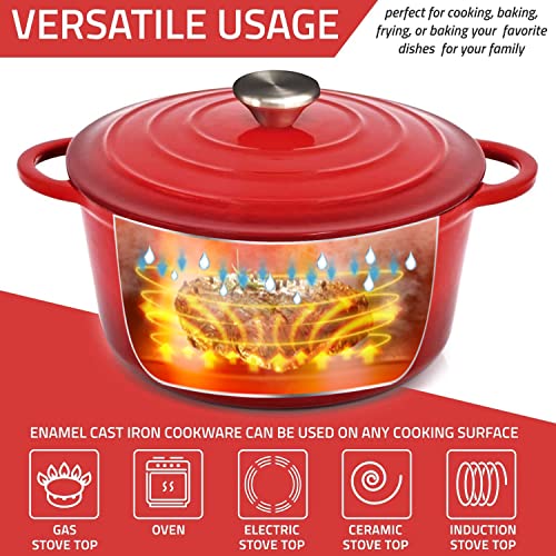 Hystrada Enameled Cast Iron Dutch Oven - 5qt Dutch Oven Pot with Lid and Steel Knob 500 degrees - Cookware for Gas, Electric & Ceramic Stoves - Red Enamel - Cooking & Baking