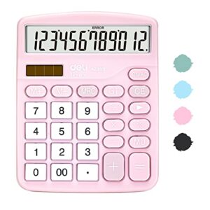 calculator, deli standard function desktop calculators with 12 digit large lcd display and sensitive button, solar battery dual power office calculator, pink