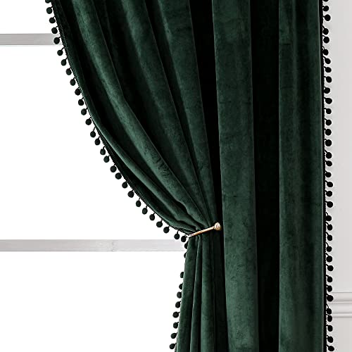 Victree Pom Pom Velvet Curtains for Bedroom, Blackout Curtains 52 x 84 inch Length - Room Darkening Sun Light Blocking Rod Pocket Window Drapes for Living Room, 2 Panels, Dark Green