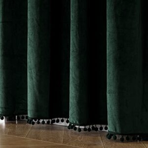 Victree Pom Pom Velvet Curtains for Bedroom, Blackout Curtains 52 x 84 inch Length - Room Darkening Sun Light Blocking Rod Pocket Window Drapes for Living Room, 2 Panels, Dark Green