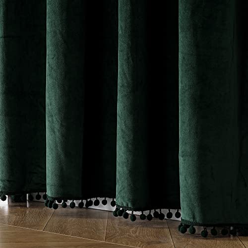 Victree Pom Pom Velvet Curtains for Bedroom, Blackout Curtains 52 x 84 inch Length - Room Darkening Sun Light Blocking Rod Pocket Window Drapes for Living Room, 2 Panels, Dark Green