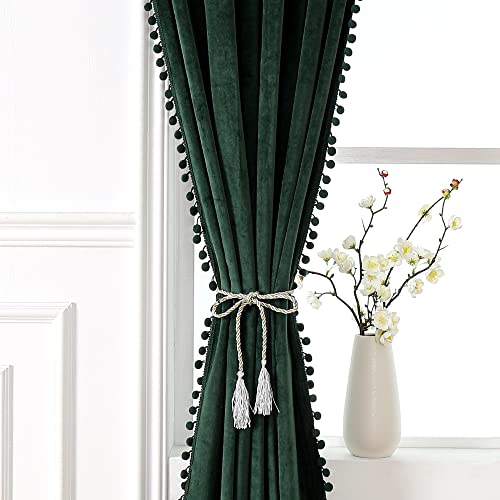 Victree Pom Pom Velvet Curtains for Bedroom, Blackout Curtains 52 x 84 inch Length - Room Darkening Sun Light Blocking Rod Pocket Window Drapes for Living Room, 2 Panels, Dark Green