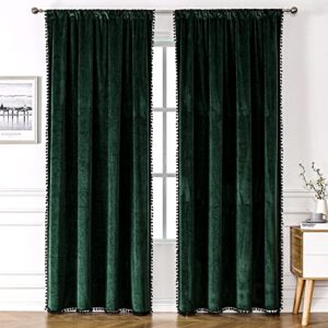 Victree Pom Pom Velvet Curtains for Bedroom, Blackout Curtains 52 x 84 inch Length - Room Darkening Sun Light Blocking Rod Pocket Window Drapes for Living Room, 2 Panels, Dark Green