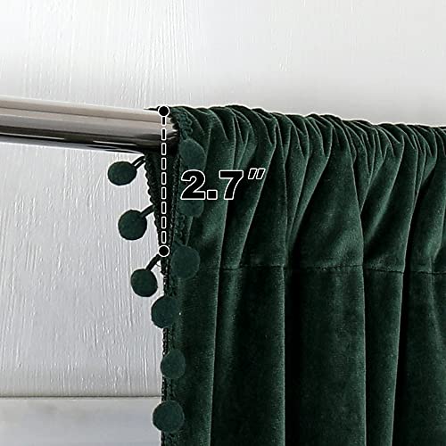 Victree Pom Pom Velvet Curtains for Bedroom, Blackout Curtains 52 x 84 inch Length - Room Darkening Sun Light Blocking Rod Pocket Window Drapes for Living Room, 2 Panels, Dark Green