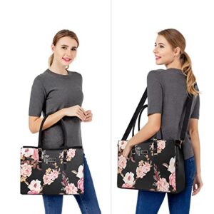 MOSISO Laptop Tote Bag Compatible with MacBook Air 15 M2 A2941 2023/Pro 16 A2780 A2485 A2141 & 15-15.6 inch Notebook, Peony Waterproof PU Leather Travel Work Briefcase with Adjustable PU Handle, Black