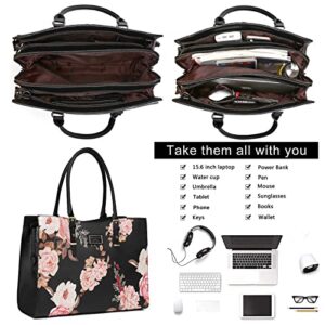 MOSISO Laptop Tote Bag Compatible with MacBook Air 15 M2 A2941 2023/Pro 16 A2780 A2485 A2141 & 15-15.6 inch Notebook, Peony Waterproof PU Leather Travel Work Briefcase with Adjustable PU Handle, Black