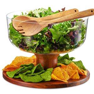 Godinger 2 in1 Salad Bowl and Cake Stand, Salad Bowl Serving Dish and Footed Cake Stand with Dome, Includes Wooden Salad Servers, Acacia Wood and BPA Free Acrylic Lid