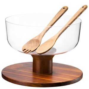 Godinger 2 in1 Salad Bowl and Cake Stand, Salad Bowl Serving Dish and Footed Cake Stand with Dome, Includes Wooden Salad Servers, Acacia Wood and BPA Free Acrylic Lid