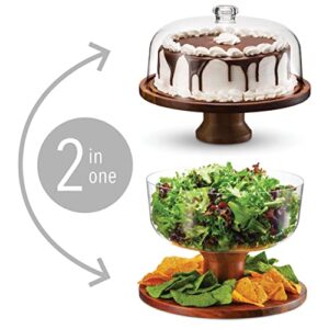 Godinger 2 in1 Salad Bowl and Cake Stand, Salad Bowl Serving Dish and Footed Cake Stand with Dome, Includes Wooden Salad Servers, Acacia Wood and BPA Free Acrylic Lid