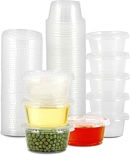 FICUCUSO [200 Sets - 2 oz Jello Shot Cups,Condiment Containers with Leak-Proof Lids, Disposable Plastic Cups with Lids for Sauces, Souffle, Food Samples, Pills and More