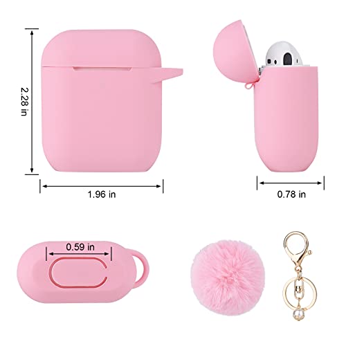 Pink Case for Women Cute Case Designed for AirPods Cover with Pom pom, Silicone Protective Keychain Case Compatible with AirPods 1/2, Accessories Keychain and Pom pom(Pink)