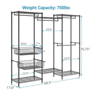 VIPEK V10S Wire Garment Rack Heavy Duty Clothes Rack Freestanding Closet Wardrobe Metal Clothing Rack with Sliding Baskets, 68.5" L x 17.6" W x 70.75" H, Max Load 800 LBS, Medium Size (Black)