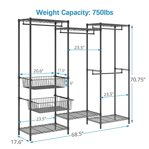 VIPEK V10S Wire Garment Rack Heavy Duty Clothes Rack Freestanding Closet Wardrobe Metal Clothing Rack with Sliding Baskets, 68.5" L x 17.6" W x 70.75" H, Max Load 800 LBS, Medium Size (Black)