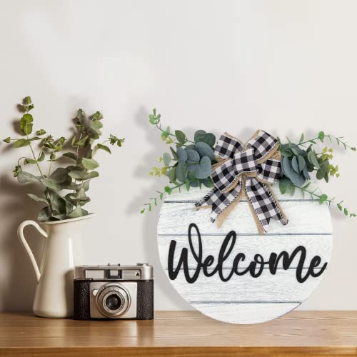 3D Welcome Wreaths for Front Door | White Horizontal Concave Stripes Wooden Farmhouse Welcome Sign for Home Wall Decor