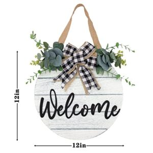 3D Welcome Wreaths for Front Door | White Horizontal Concave Stripes Wooden Farmhouse Welcome Sign for Home Wall Decor