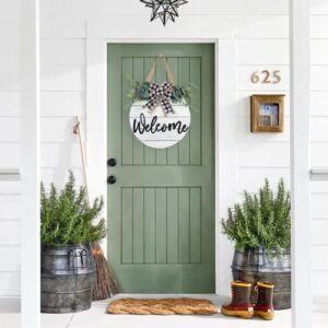 3D Welcome Wreaths for Front Door | White Horizontal Concave Stripes Wooden Farmhouse Welcome Sign for Home Wall Decor