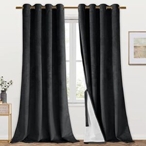 hiasan 100% blackout black velvet curtains for bedroom with tieback - premium thick double layer full light blocking sound proof grommet curtain for living room, 52 x 108 inches long, set of 2 panels