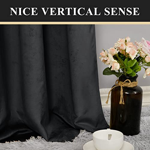 Hiasan 100% Blackout Black Velvet Curtains for Bedroom with Tieback - Premium Thick Double Layer Full Light Blocking Sound Proof Grommet Curtain for Living Room, 52 x 108 Inches Long, Set of 2 Panels