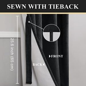 Hiasan 100% Blackout Black Velvet Curtains for Bedroom with Tieback - Premium Thick Double Layer Full Light Blocking Sound Proof Grommet Curtain for Living Room, 52 x 108 Inches Long, Set of 2 Panels