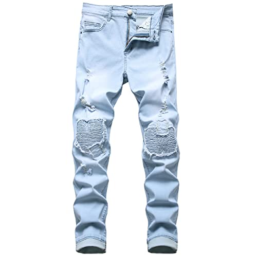 nlsxmx Men's Slim Fit Biker Jeans, Ripped Stretch Distressed Destroyed Straight Leg Moto Denim Pants(Light Blue,34)