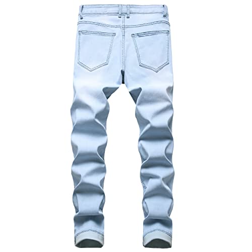 nlsxmx Men's Slim Fit Biker Jeans, Ripped Stretch Distressed Destroyed Straight Leg Moto Denim Pants(Light Blue,34)