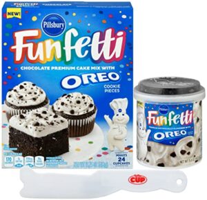 pillsbury oreo funfetti bundle, includes 1 of each: chocolate cake mix, vanilla frosting & oreo bits with by the cup frosting spreader