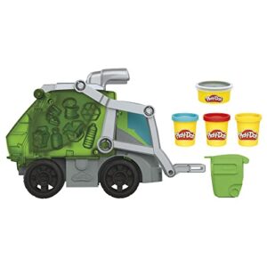 play-doh wheels dumpin' fun 2-in-1 garbage truck toy, with stinky scented garbage compound and 3 additional cans, preschool toys for 3 year old boys and girls and up, non-toxic (amazon exclusive)