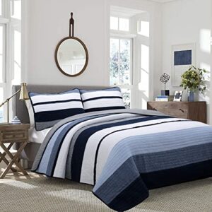 Cozy Line Home Fashions Tranquil Blue Gray Striped Boy 100% Cotton Reversible Quilt Bedding Set, All-Season Coverlet Bedspread (Rendon, Twin - 2 Piece)