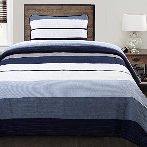 Cozy Line Home Fashions Tranquil Blue Gray Striped Boy 100% Cotton Reversible Quilt Bedding Set, All-Season Coverlet Bedspread (Rendon, Twin - 2 Piece)