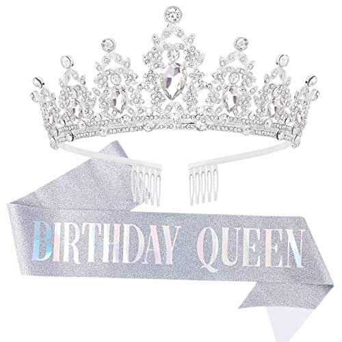 "BIRTHDAY QUEEN" Sash and Tiara for Women Crystal Tiara and Satin Kit for Girl Rhinestones Crown with Comb Glitter Hair Accessories for Prom Party Decoration Cake Topper Accessory Set with Pin (Silver Tiara and Silver Sash Set)