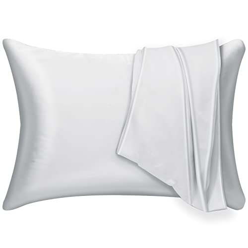 Mulberry Silk Pillowcase 2 Pack for Hair and Skin,with Hidden Zipper.Both Sides 19 Momme Allergen Proof Soft Breathable Smooth Silk Pillow Cover (Standard, White)